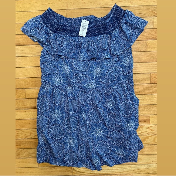 torrid | Pants & Jumpsuits | Blue Medallion Off Shoulder Challis Romper ...